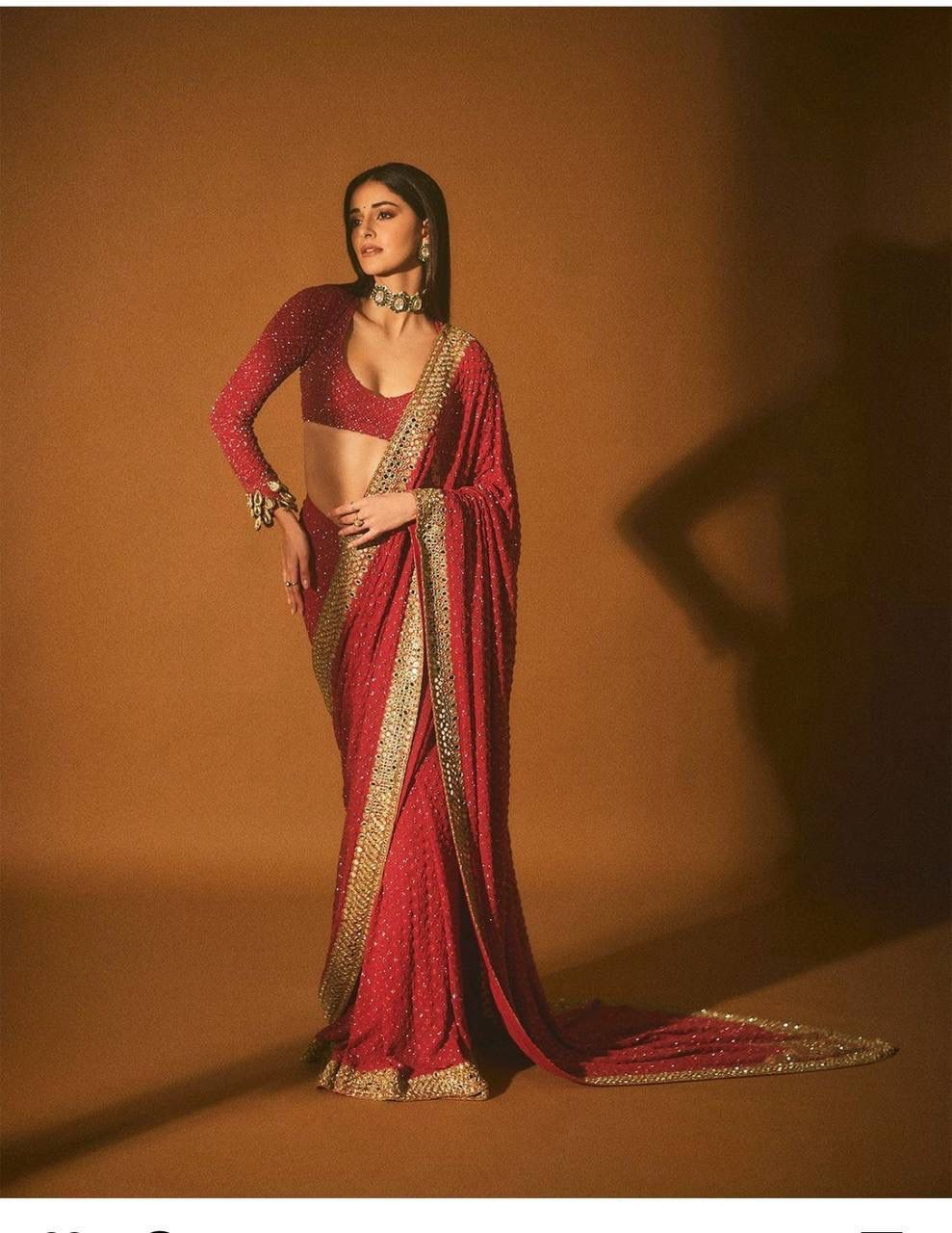 Ananya Pandey Inspired Red Saree With Sequin Embellishments - Dream Cloth